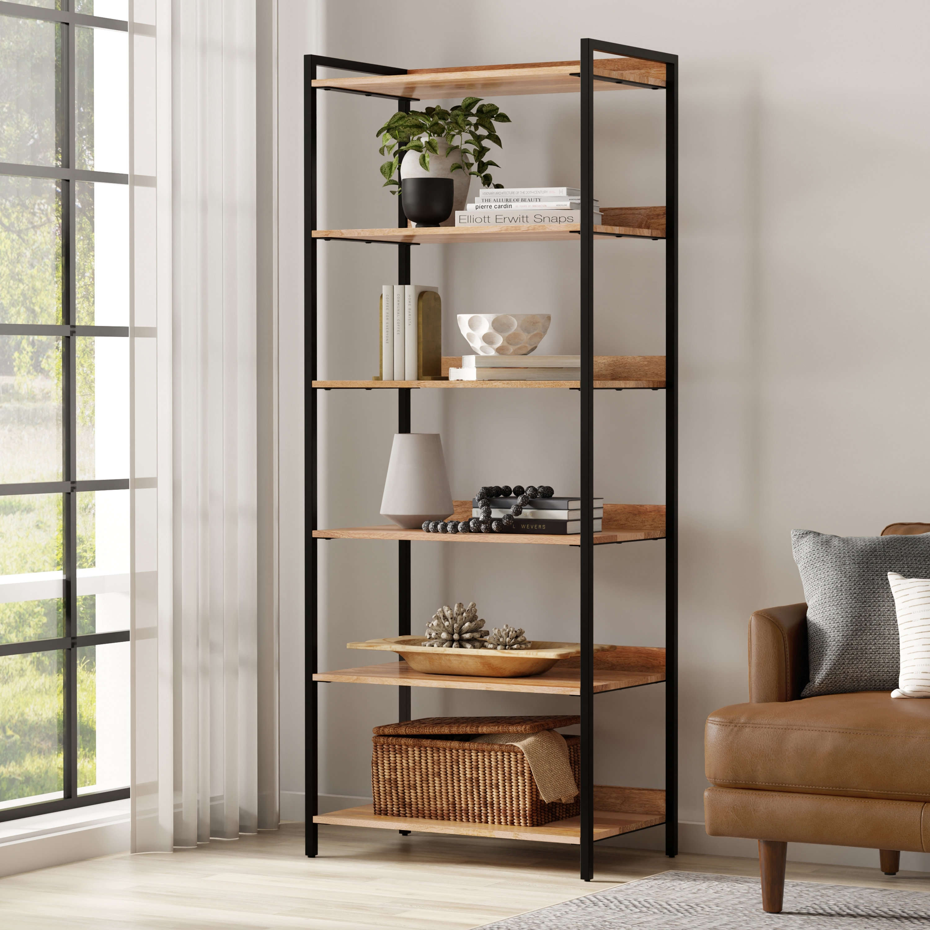Simpli Home Kelsey 30"W Solid Mango Wood 6 Shelf Modern Industrial Large Bookcase with Metal ...